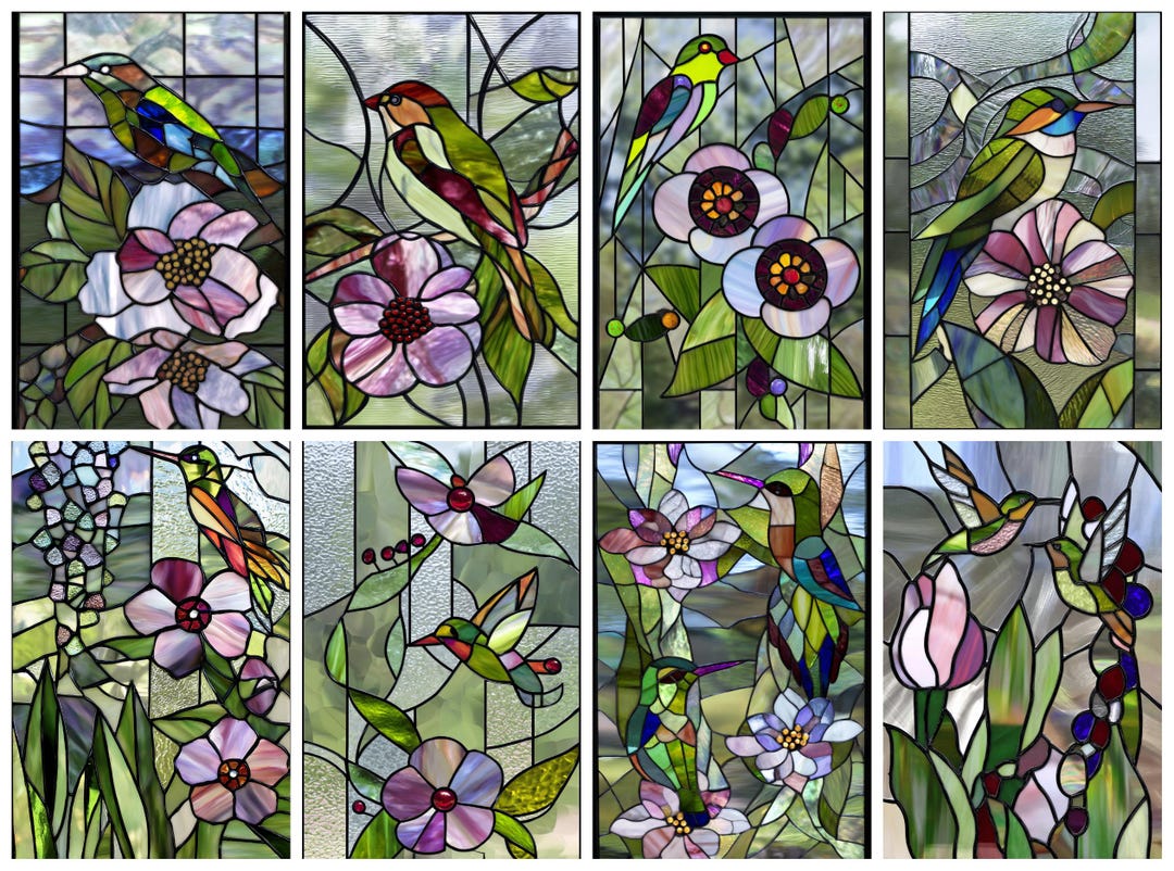 Custom Stained Glass Window Film – Birds and Blossoms Design | Privacy ...