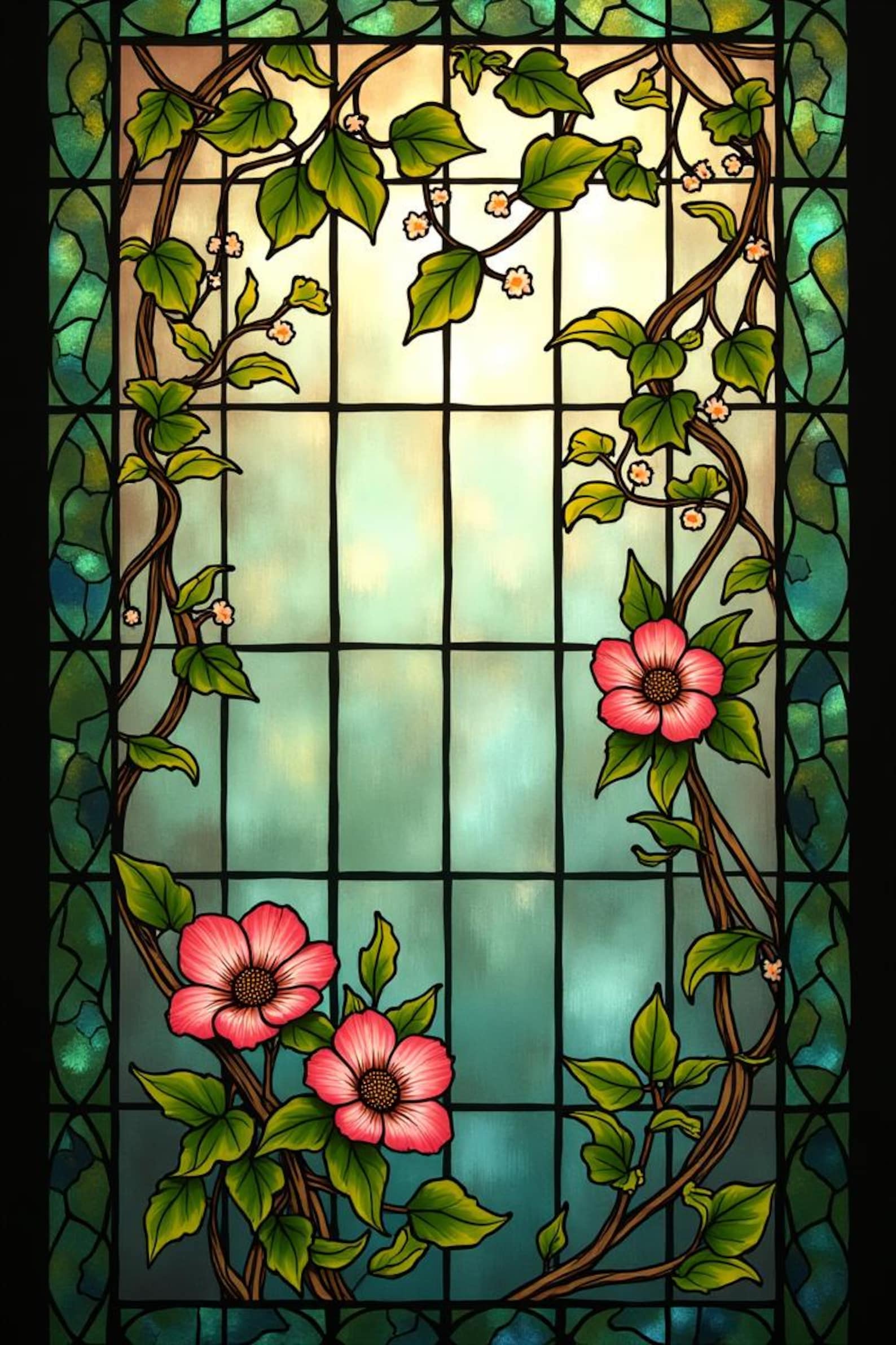 Custom Nature Stained Glass Window Film – Botanical Vine Design Static ...