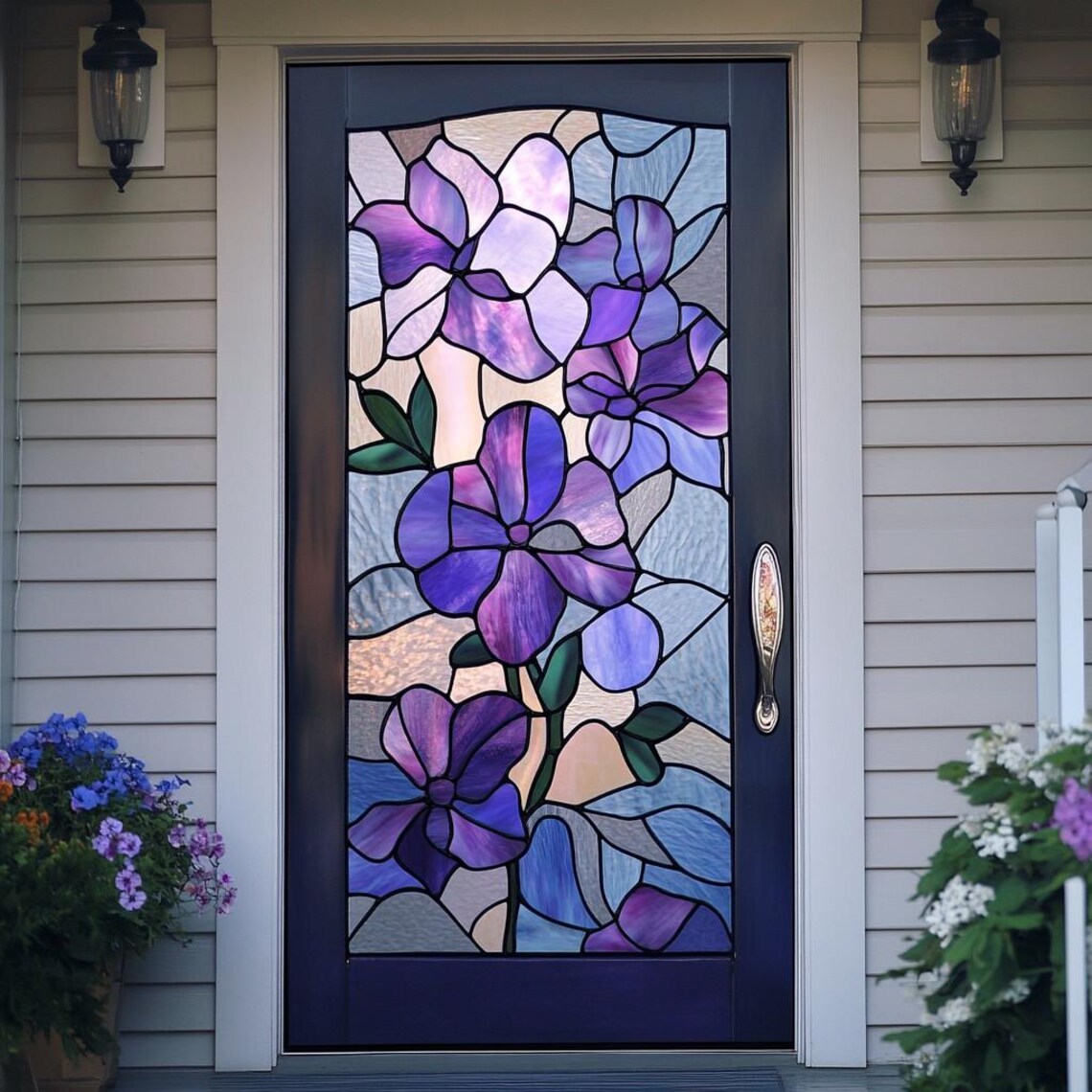 Purple Floral Stained Glass Door Film - Custom Decorative Privacy Film ...