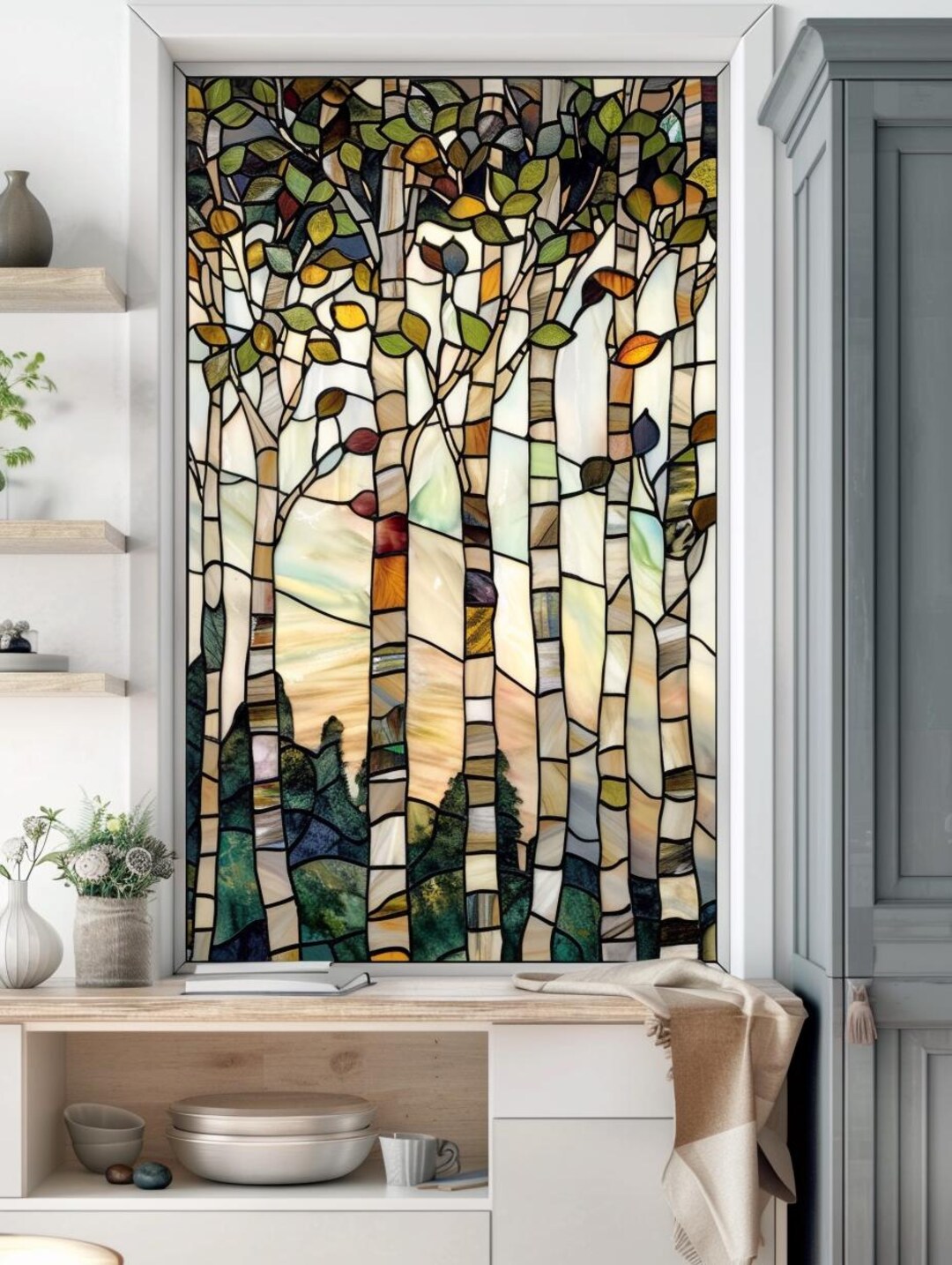 Stained Glass Forest Window Film - Artistic Tree Pattern Privacy Film ...
