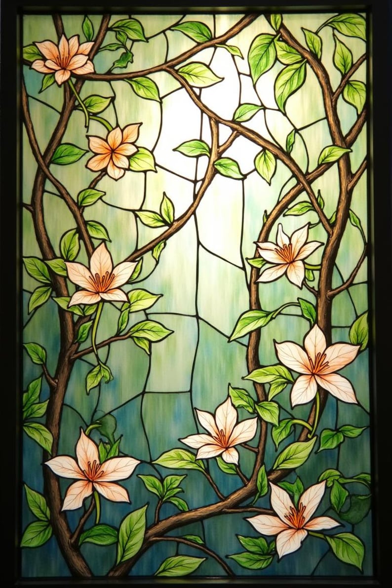 Custom Nature Stained Glass Window Film – Botanical Vine Design Static ...