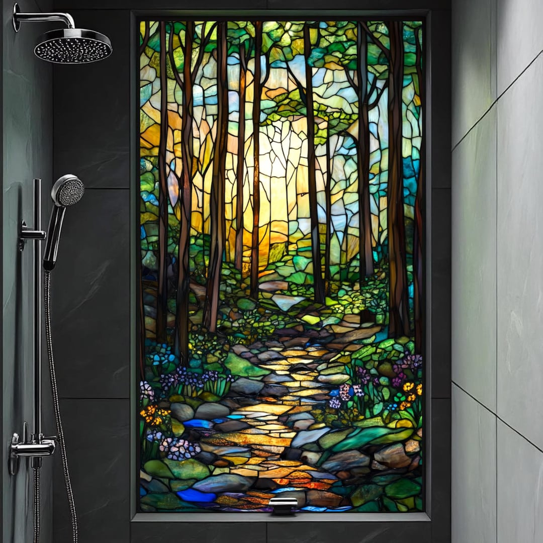 Forest Path Stained Glass Window Film – Woodland Sunset Privacy Window ...