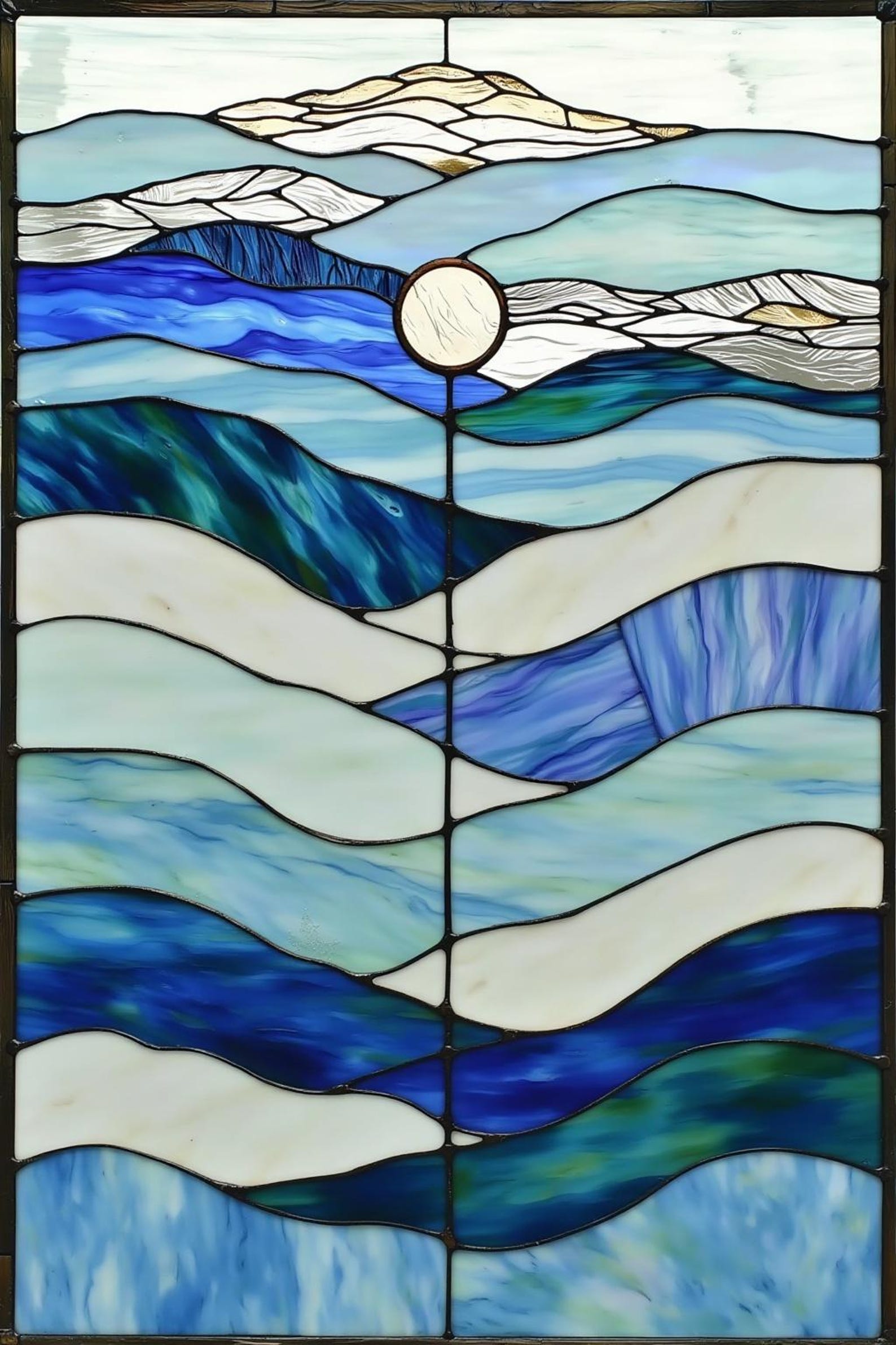 Custom Stained Glass Window Film – Blue Moonlit Landscape With Flowers ...