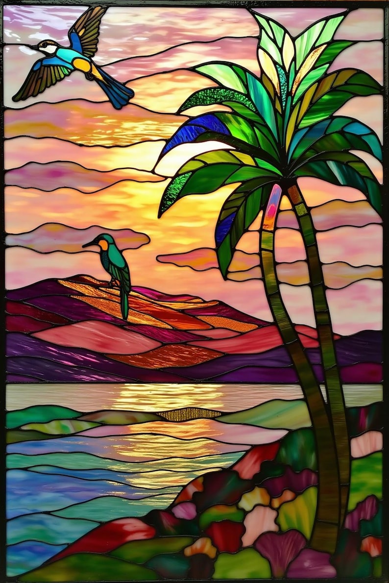 Custom Stained Glass Window Film – Tropical Sunset With Birds, Colorful ...