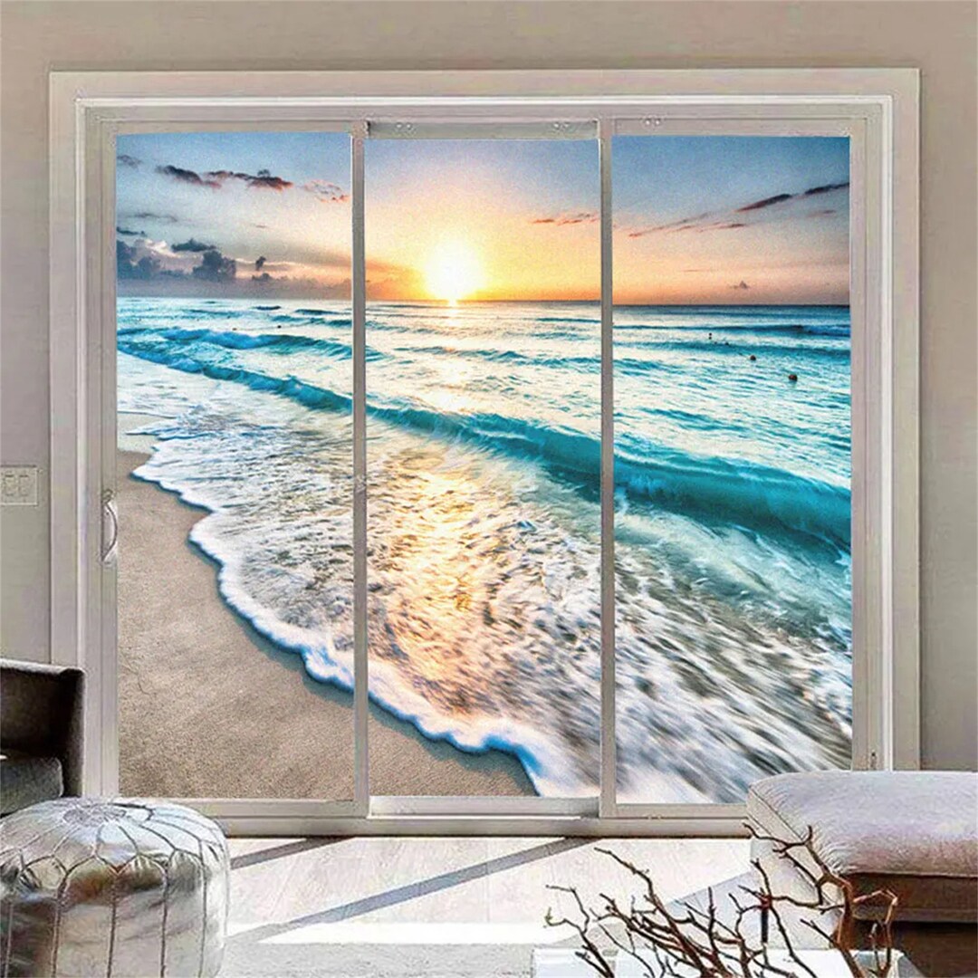 Beach Seascape Window Film - Frosted Glass Privacy for Doors, Non-glue ...