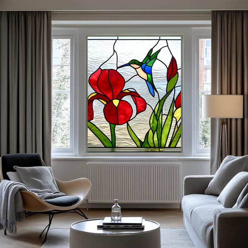 Stained Glass Window Film Hummingbird Flower Design Window Privacy Film ...