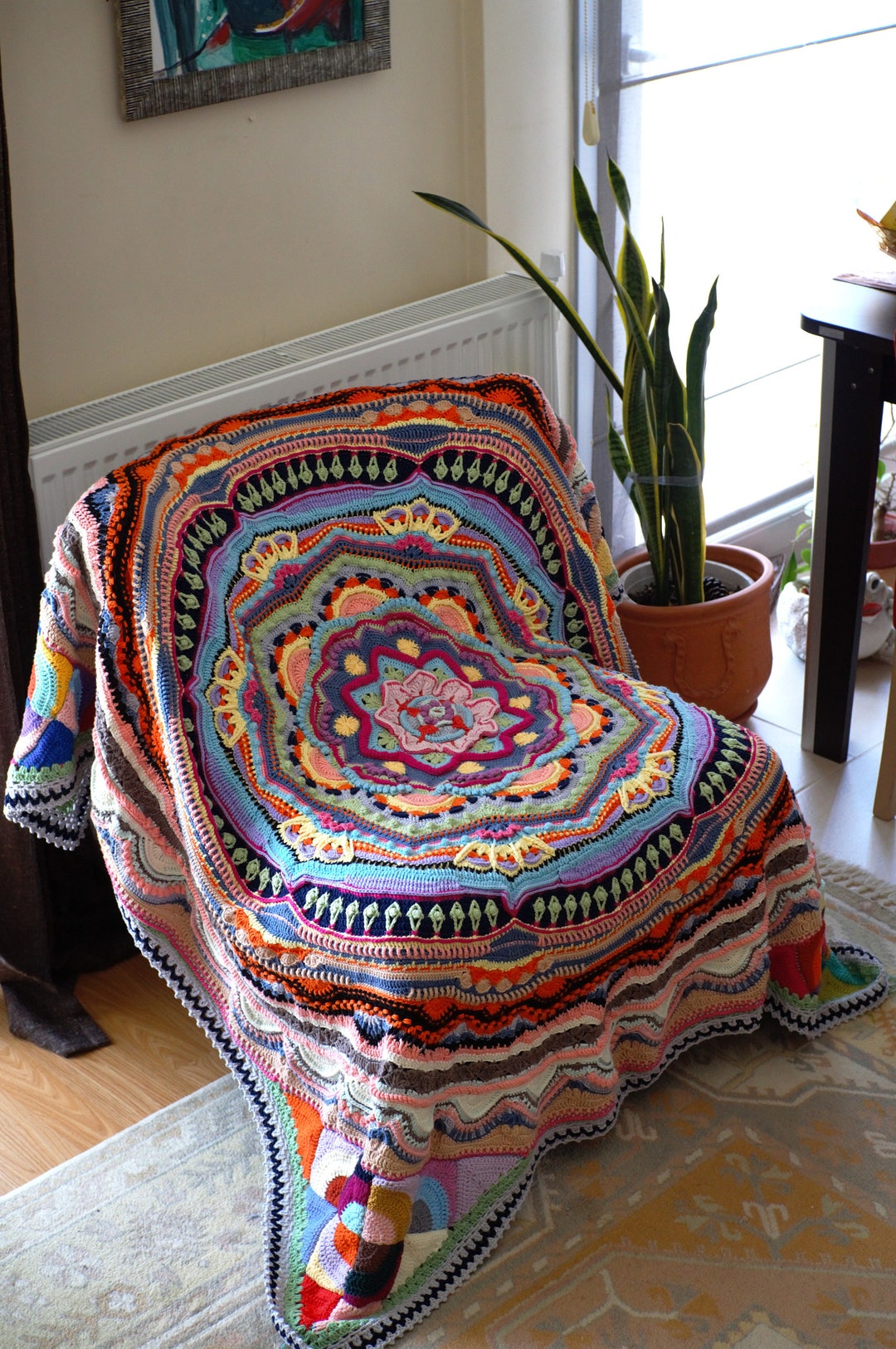 Crochet Square Afghan Bed Blanket, Mandala Madness Blanket, Ready to ...