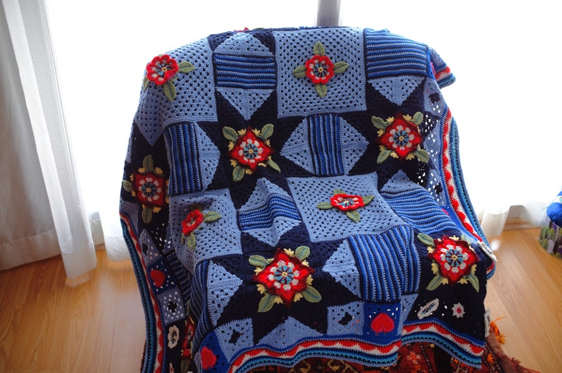 Crochet Afghan Blanket, Indigo and Crimson Dreams, Ready to Ship, Crochet Throw Blankets for ...