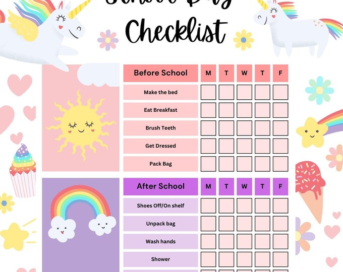School Day Checklist, Kids Daily Checklist, to Do List, Kids Cute ...
