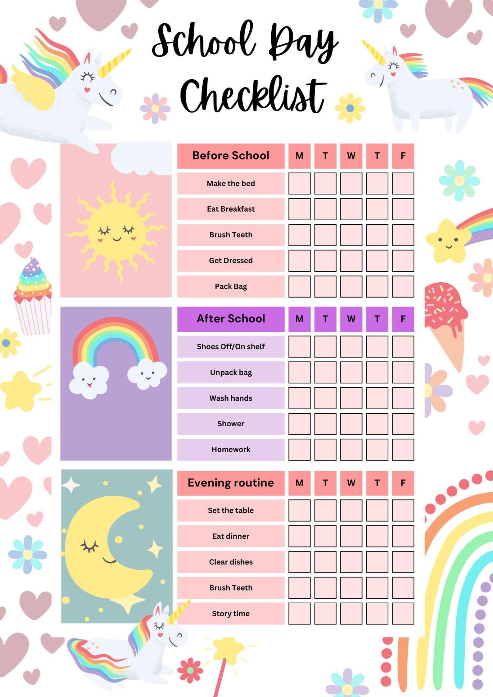 School Day Checklist, Kids Daily Checklist, to Do List, Kids Cute ...