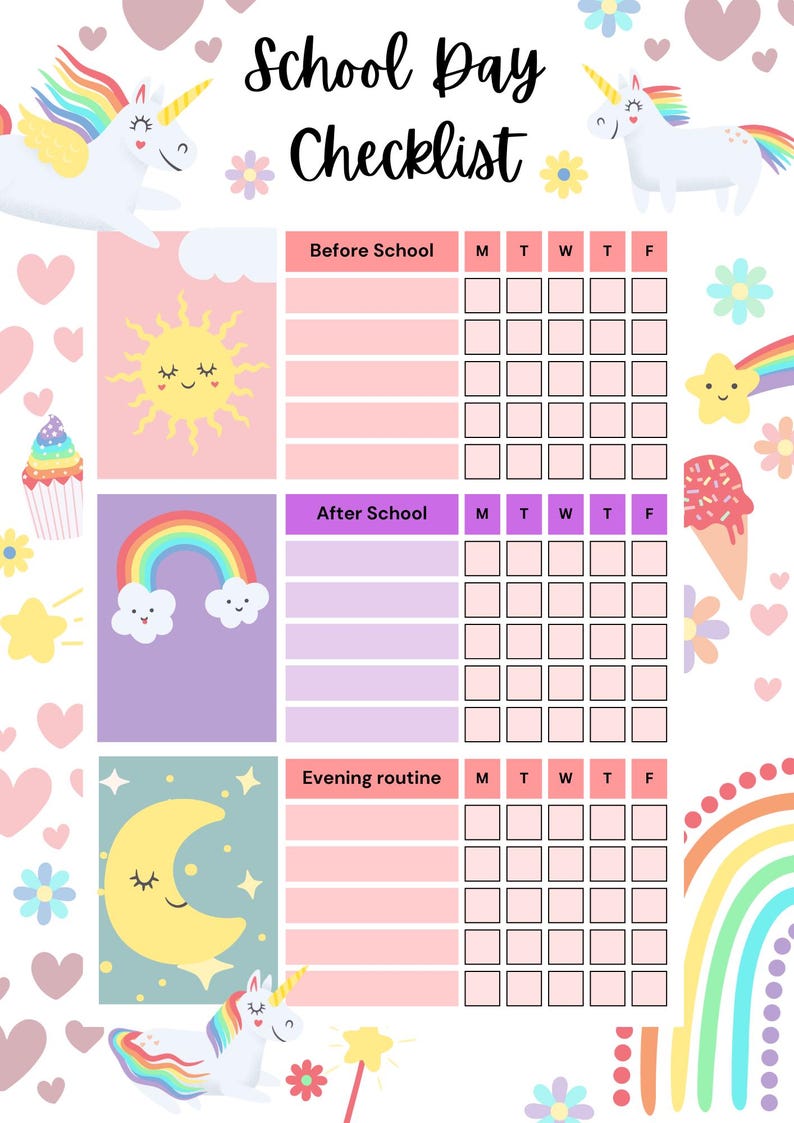 School Day Checklist, Kids Daily Checklist, to Do List, Kids Cute ...