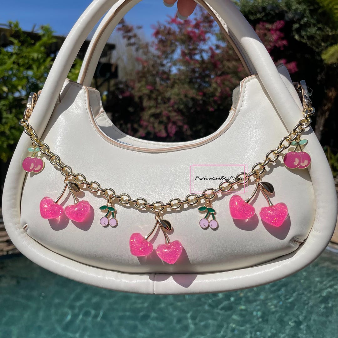 Heart Cherry Bag Charm Pink Purse Chain Novelty Strap Hot Pink Cherries ...