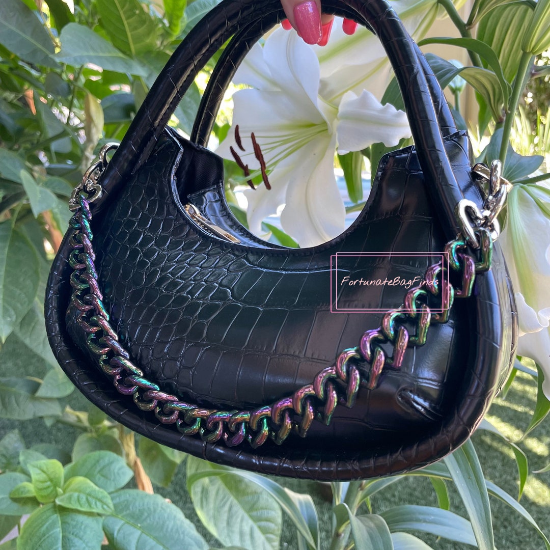 Oil Slick Black TRIPLE HEARTS Black Rainbow Oil Slick Resin Bag Strap ...