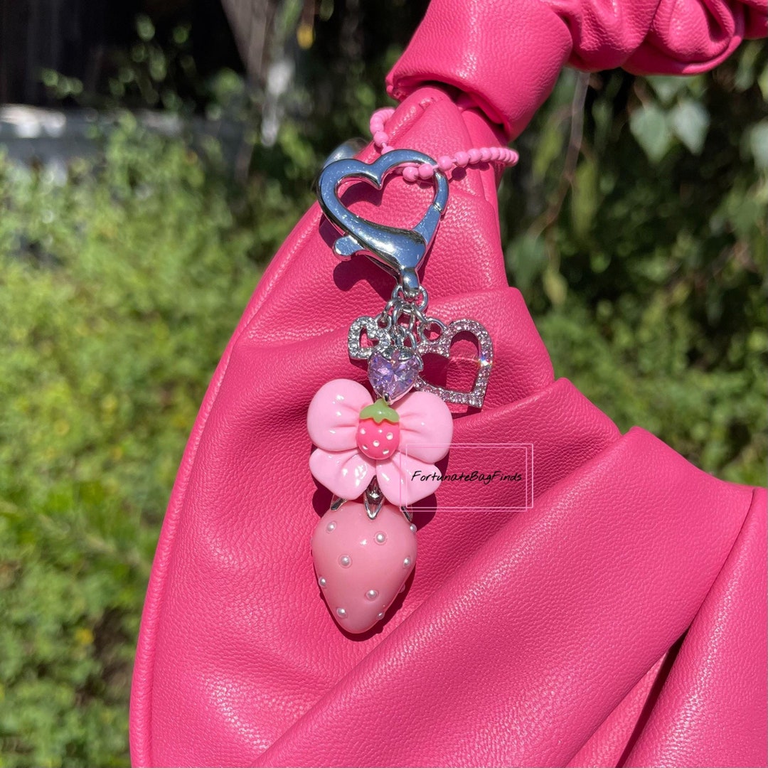 Pink Strawberry Bow Bag Charm Crystal Pearl Strawberries Bag Purse ...