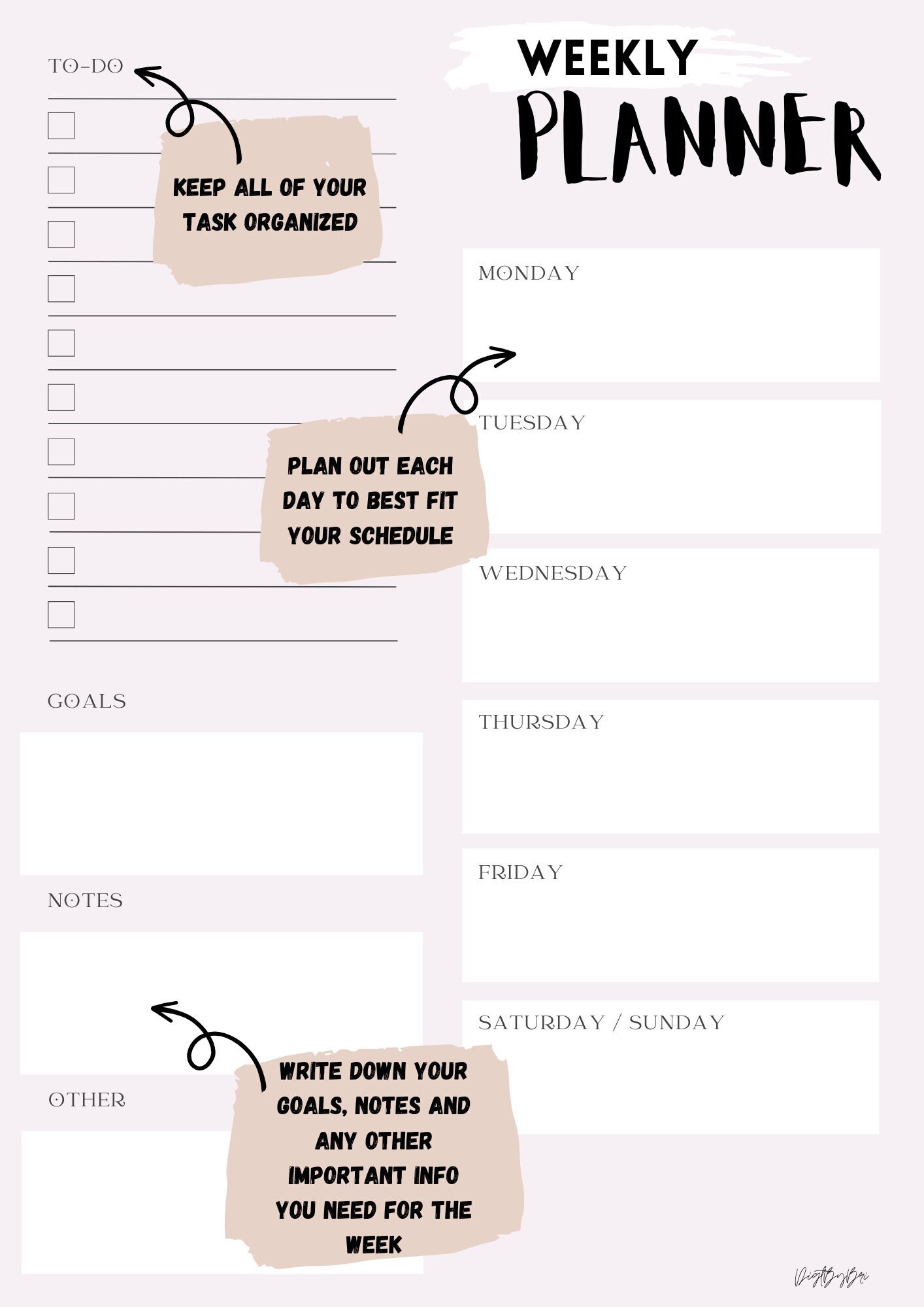 Monday Start Digital Weekly Planner | Digital Weekly Organizer ...