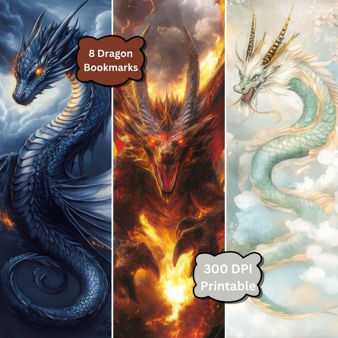 8 Fantasy Dragon Printable Bookmark Set | Digital Slim Templates for ...