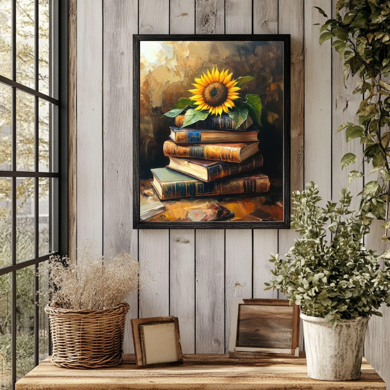 Sunflower & Vintage Books Art Print Book Lover Wall Decor Oil Painting ...