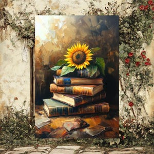Sunflower & Vintage Books Art Print | Book Lover Wall Decor | Oil ...