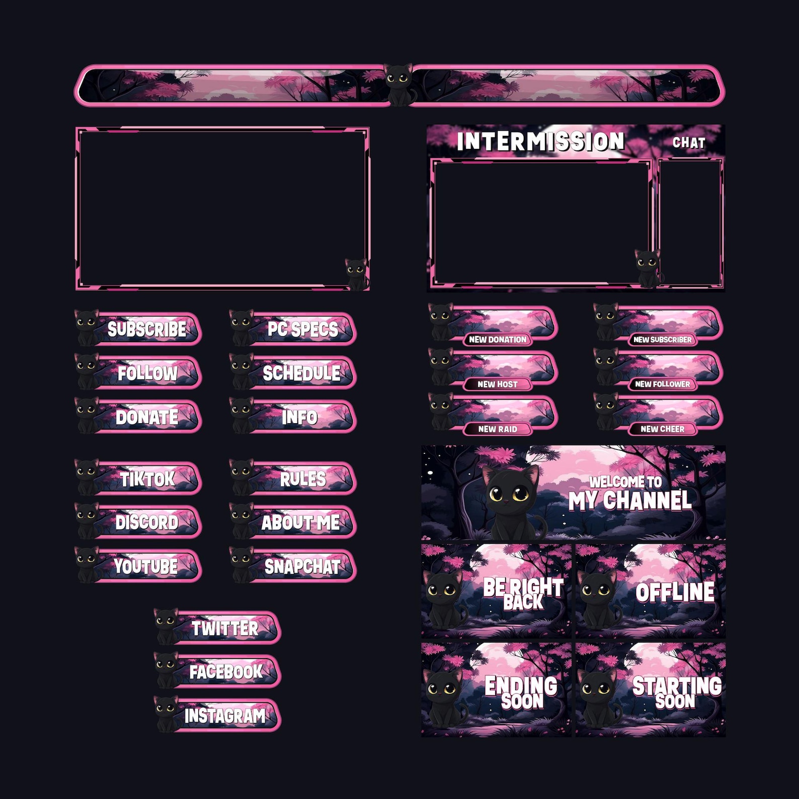 Black Cat Twitch Full Overlay Package | Pink & Black Stream Overlays ...