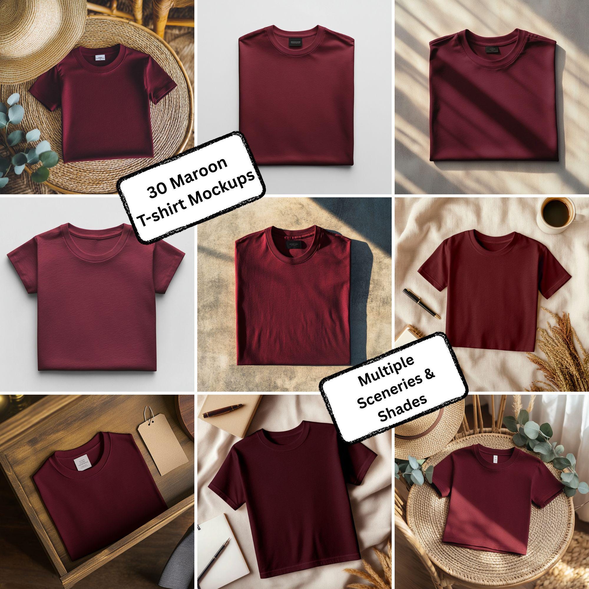 Maroon T-shirt Mockup Bundle for Canva Photoshop | Flat Lay, Folded ...