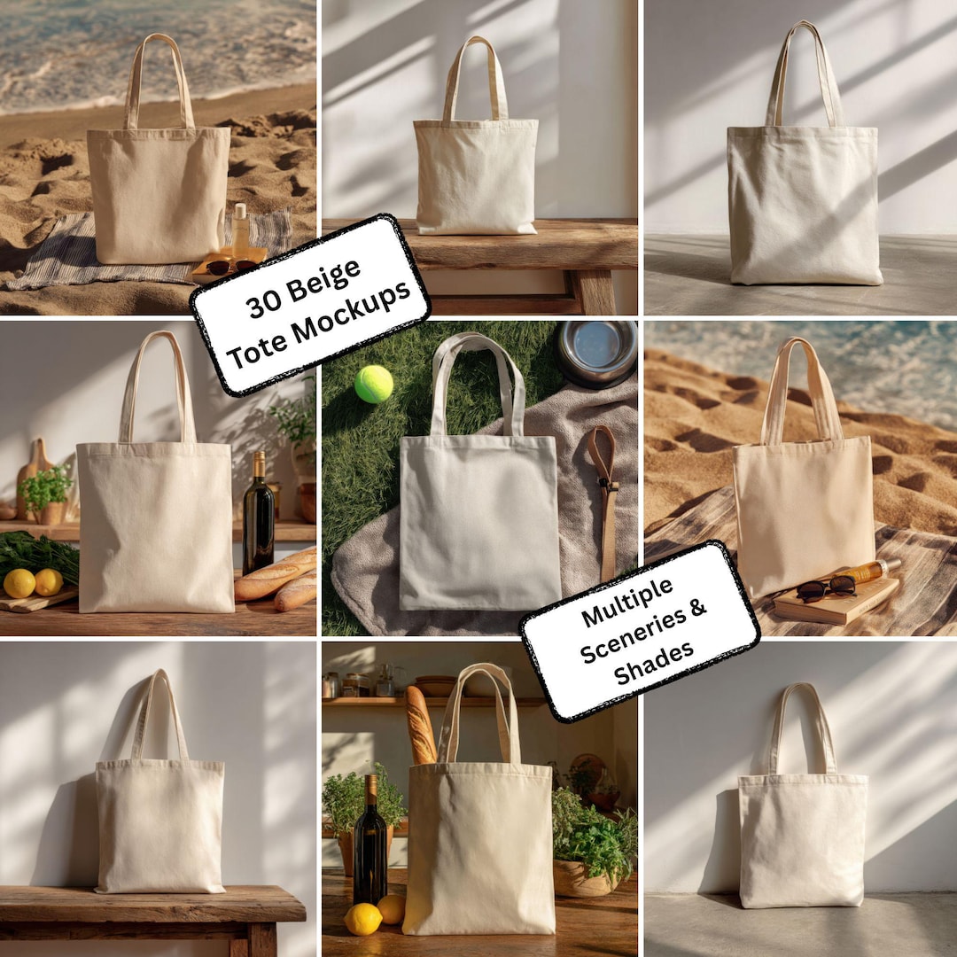 30 Beige Flat Lay Tote Bag Blanks Mockup Bundle | Modern Boho Style ...