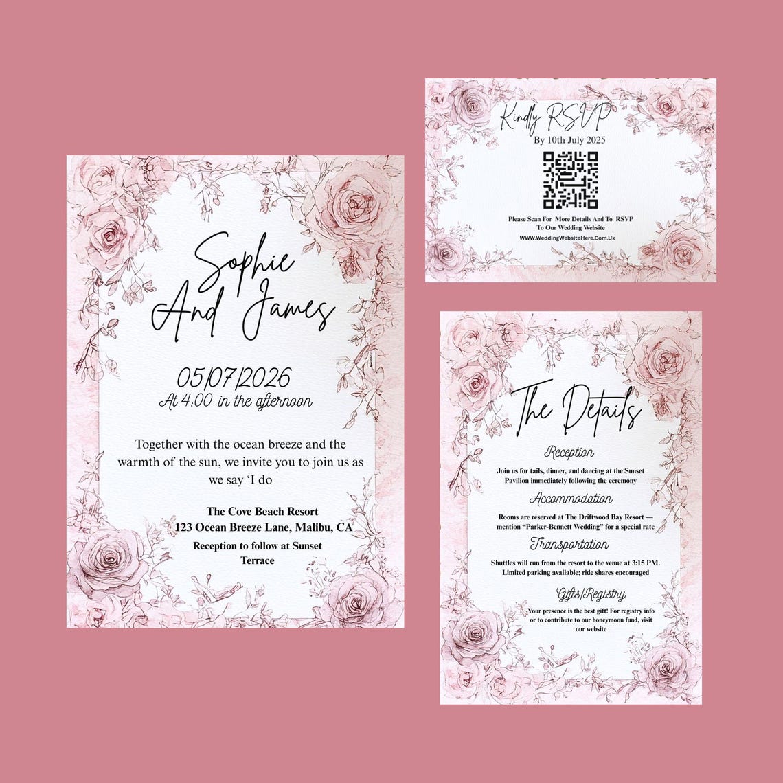 Editable Pink Floral Wedding Invitation Set | Printable Blush Rose ...
