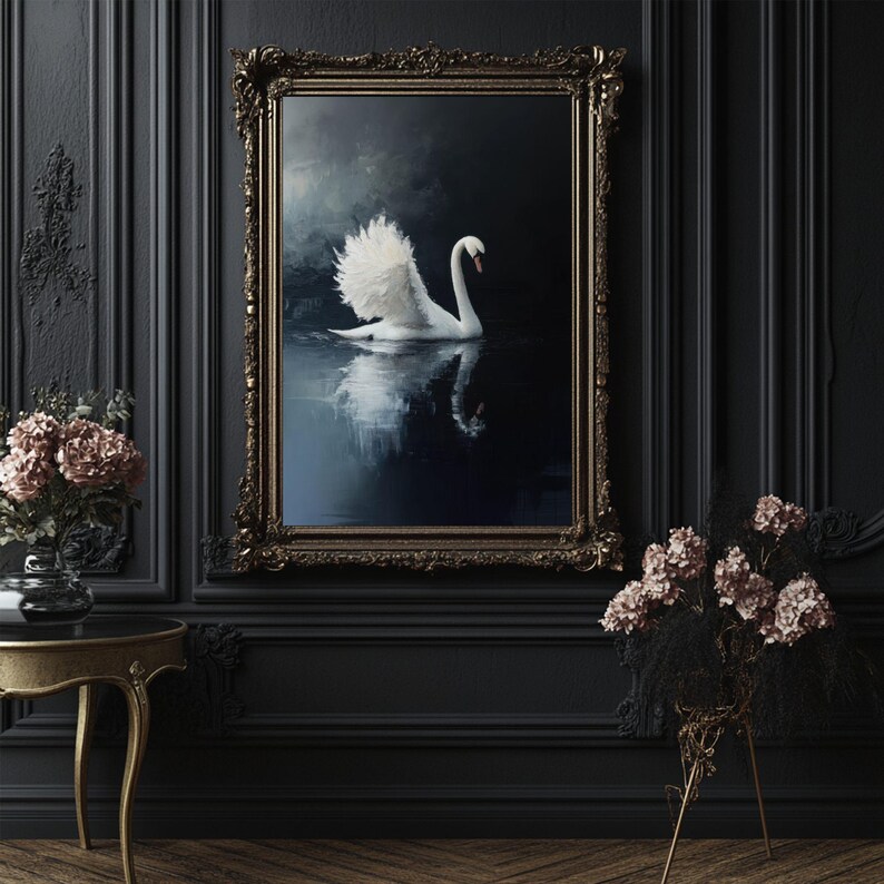 White Swan Oil Painting | Vertical Gothic Wall Art | Dark Academia Home ...