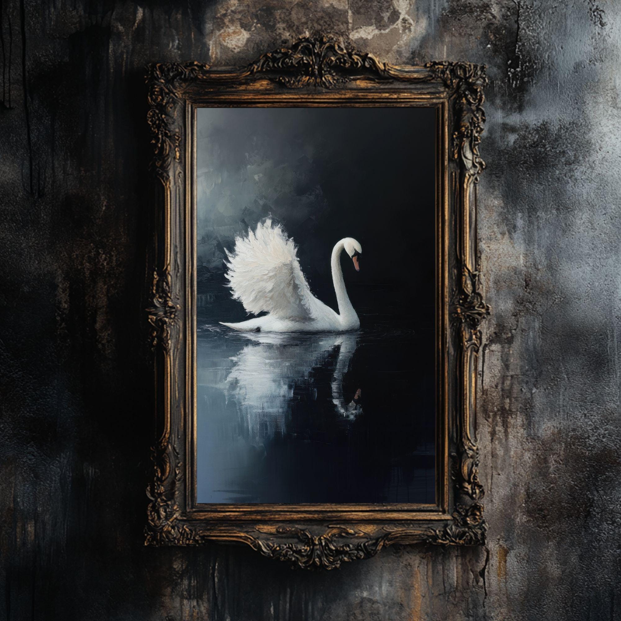 White Swan Oil Painting | Vertical Gothic Wall Art | Dark Academia Home ...