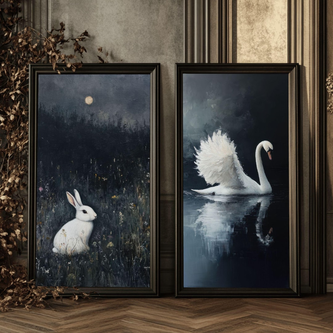 Gothic White Rabbit and White Swan Digital Art Print Set | Dark ...
