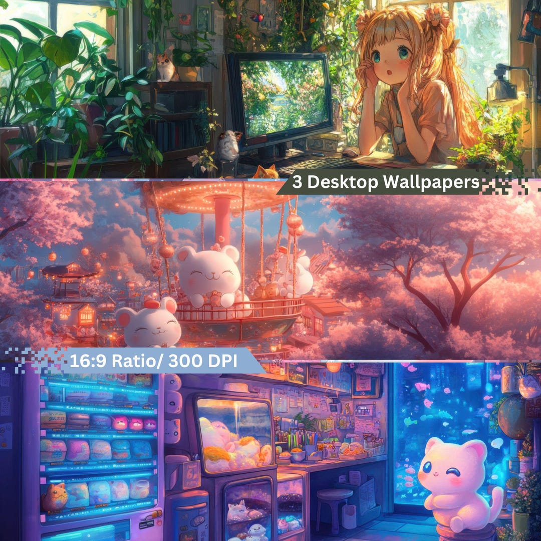 Kawaii Desktop Wallpaper | Cute Aesthetic Kawaii Background | Digital ...