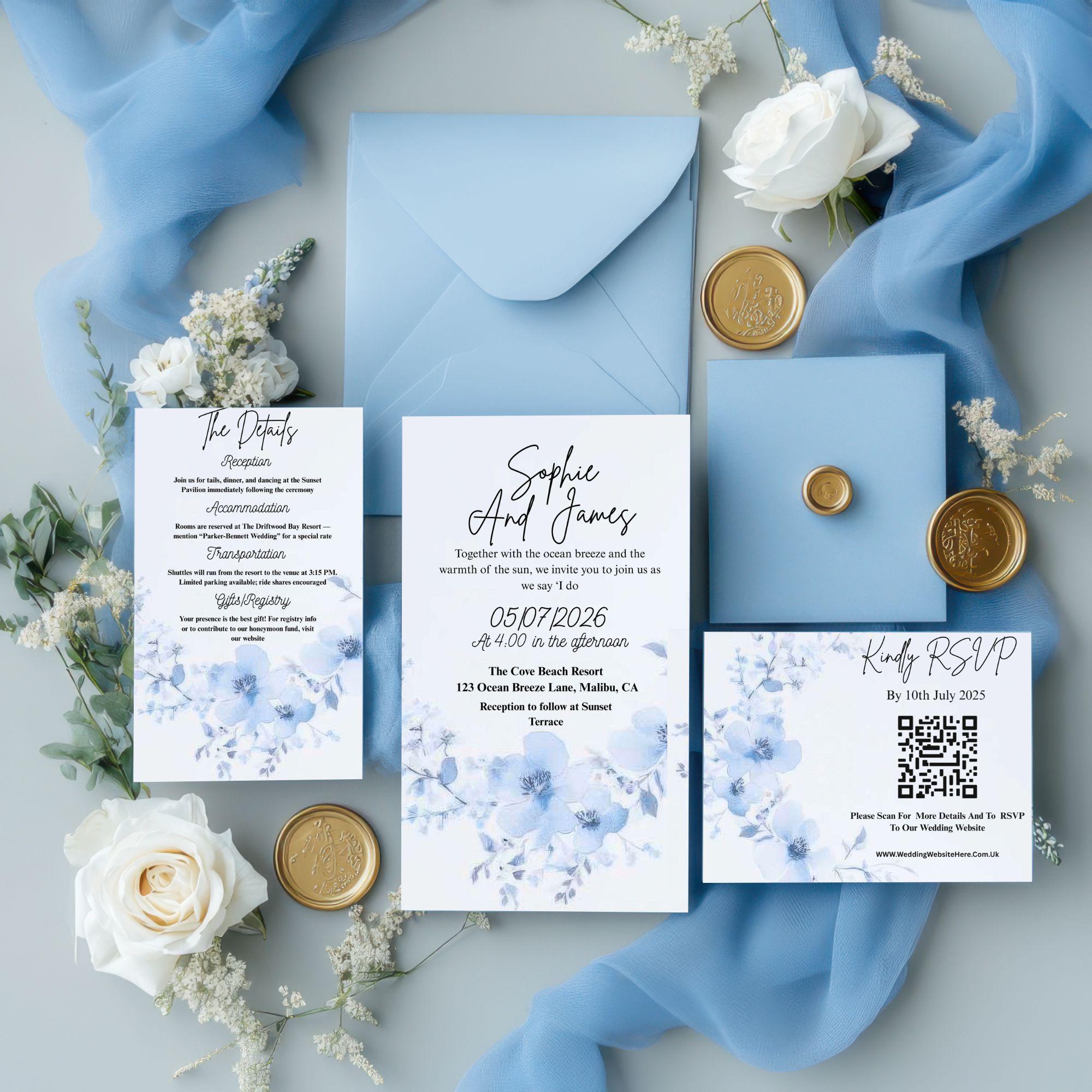 Royal Blue Wedding Invitation Suite | Editable Floral Template With ...