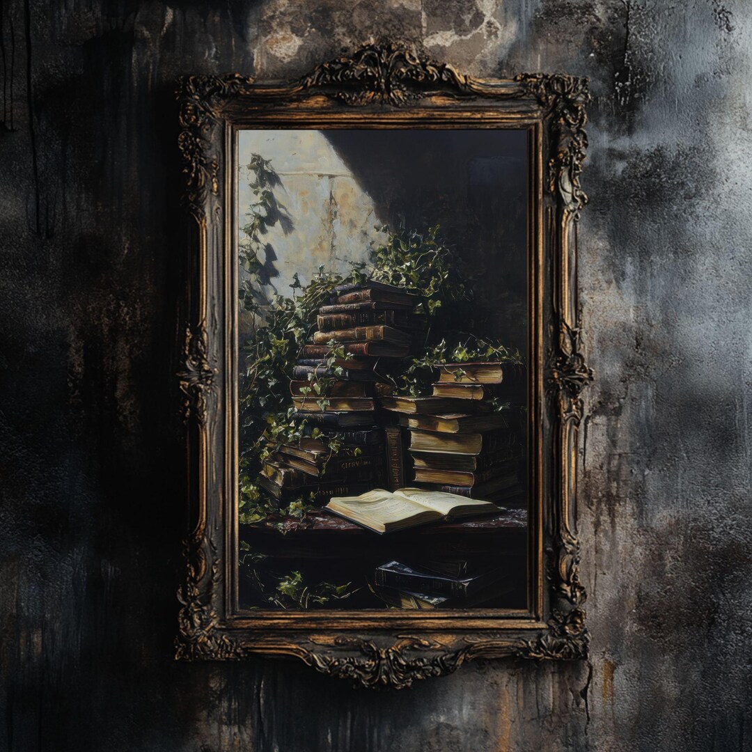 Vintage Book Stack Wall Art | Dark Academia Library Decor | Antique ...