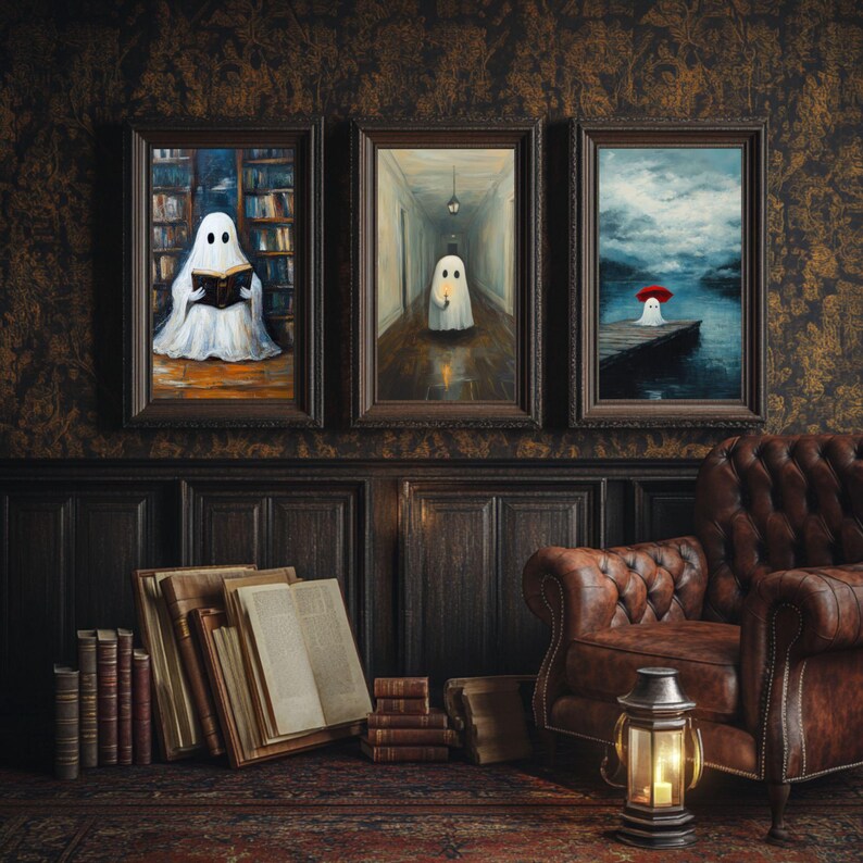 Ghost in Library Digital Art Print Set | Gothic Wall Art | Dark ...