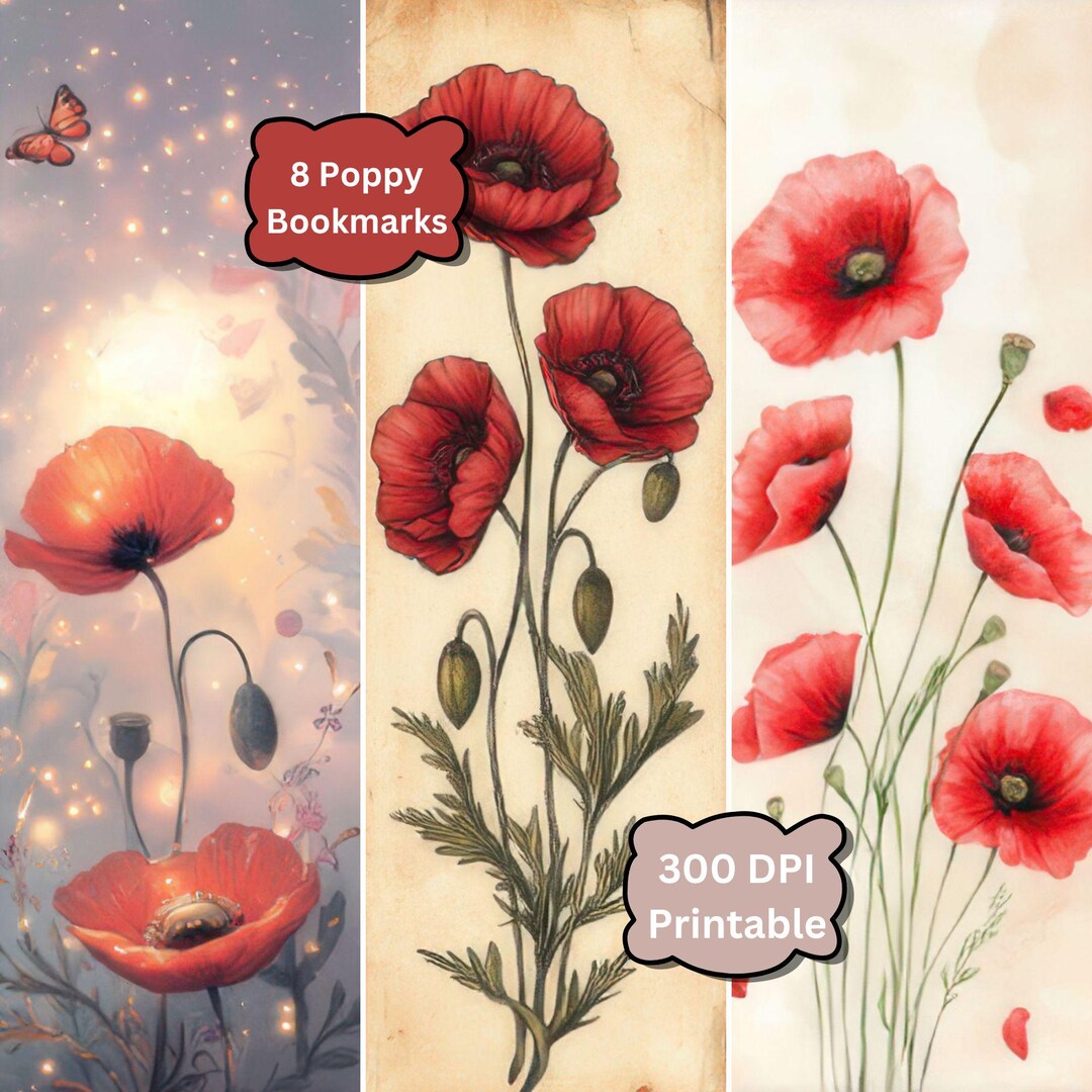 8 Poppy Flower Bookmark Set | Printable Floral Designs for Journals ...