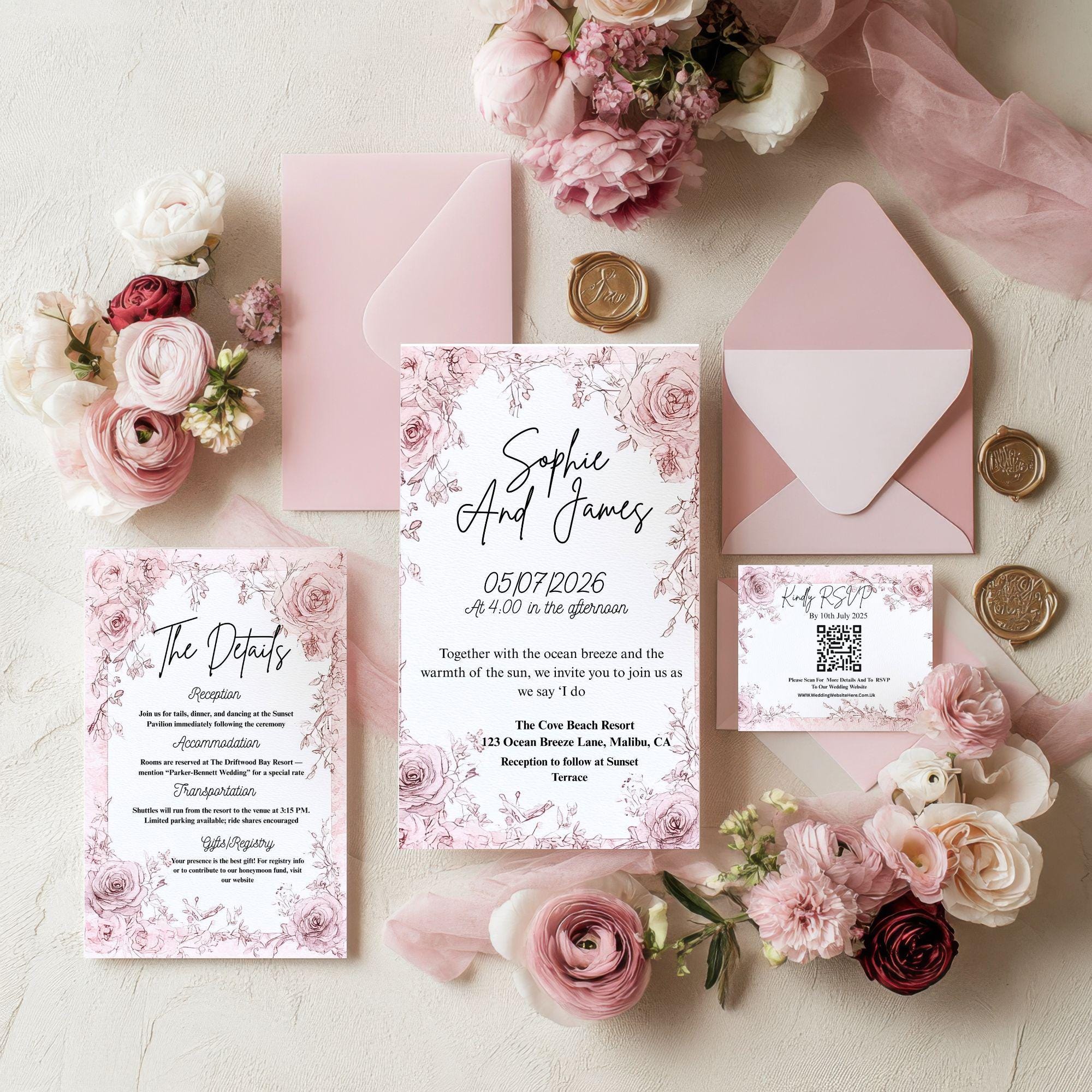 Editable Pink Floral Wedding Invitation Set | Printable Blush Rose ...