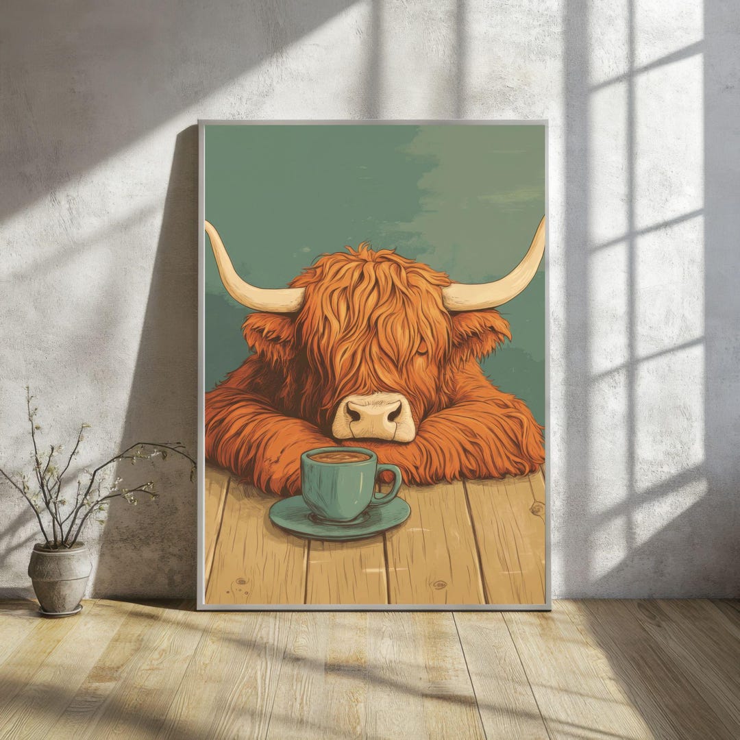 Highland Cow and Coffee Digital Art Print | Rustic Highland Cow Wall ...