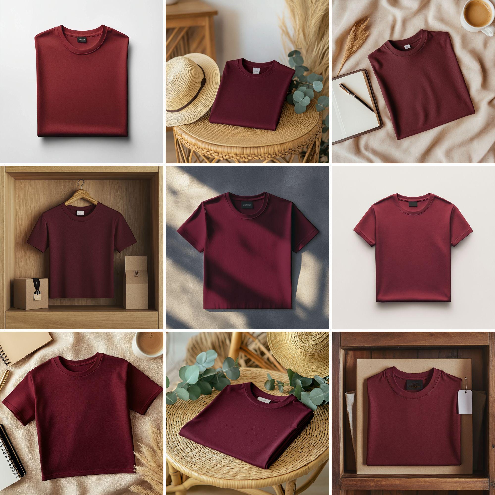 Maroon T-shirt Mockup Bundle for Canva Photoshop | Flat Lay, Folded ...
