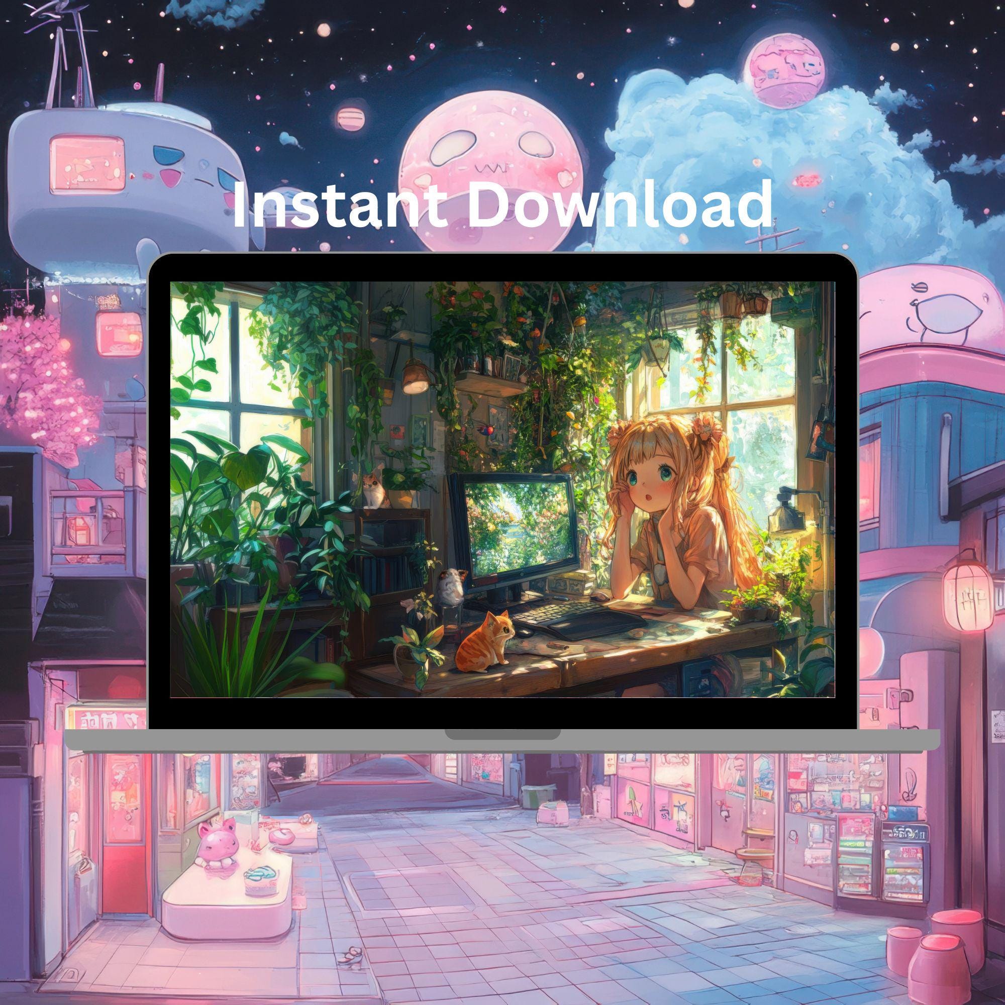 Kawaii Desktop Wallpaper | Cute Aesthetic Kawaii Background | Digital ...