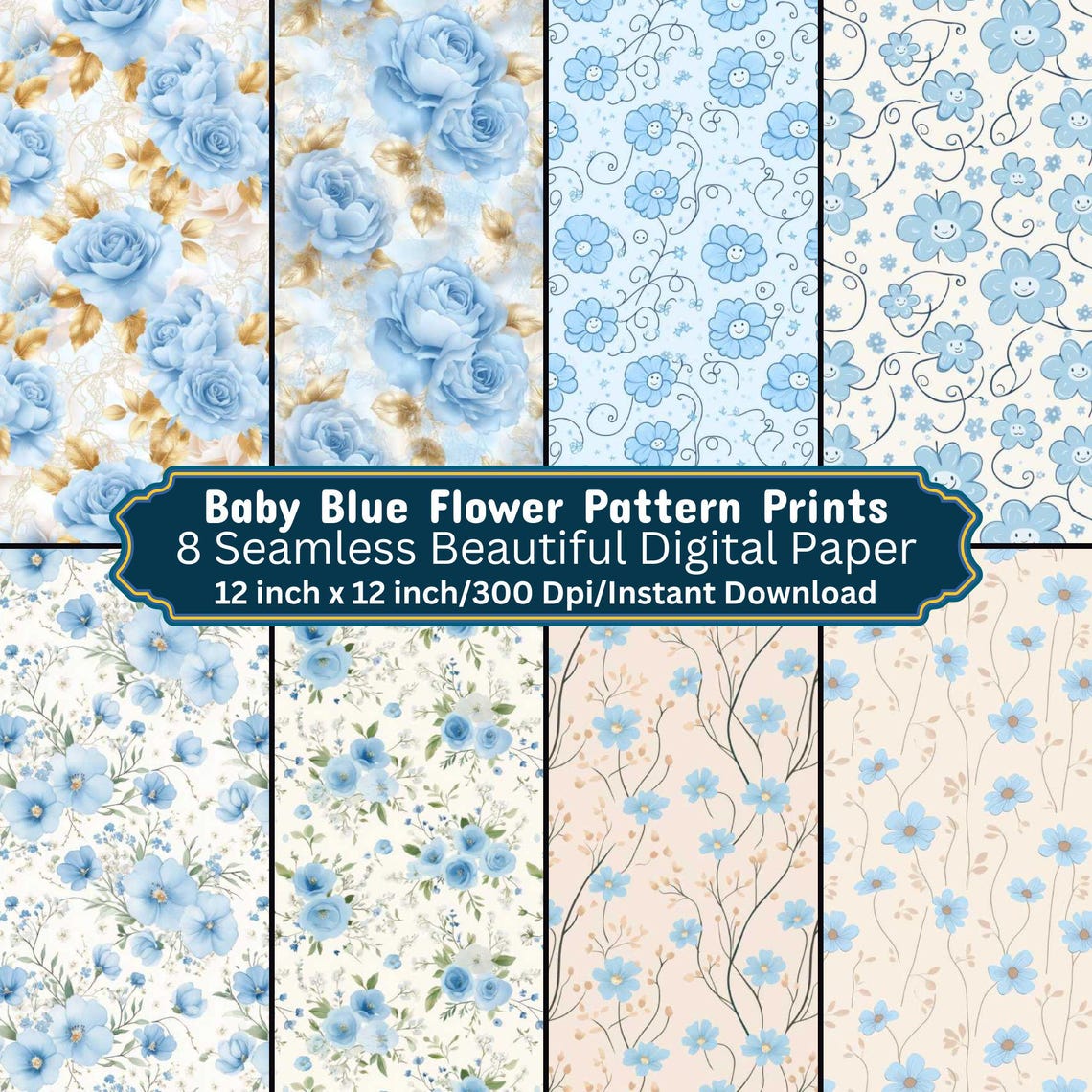 Baby Blue Flower Pattern Digital Paper | Seamless Floral Design for ...