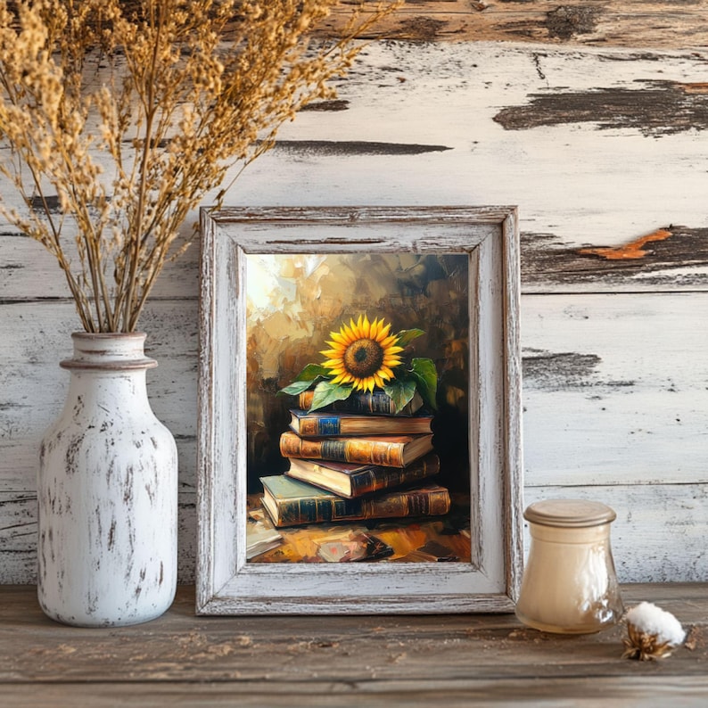 Sunflower & Vintage Books Art Print Book Lover Wall Decor Oil Painting ...