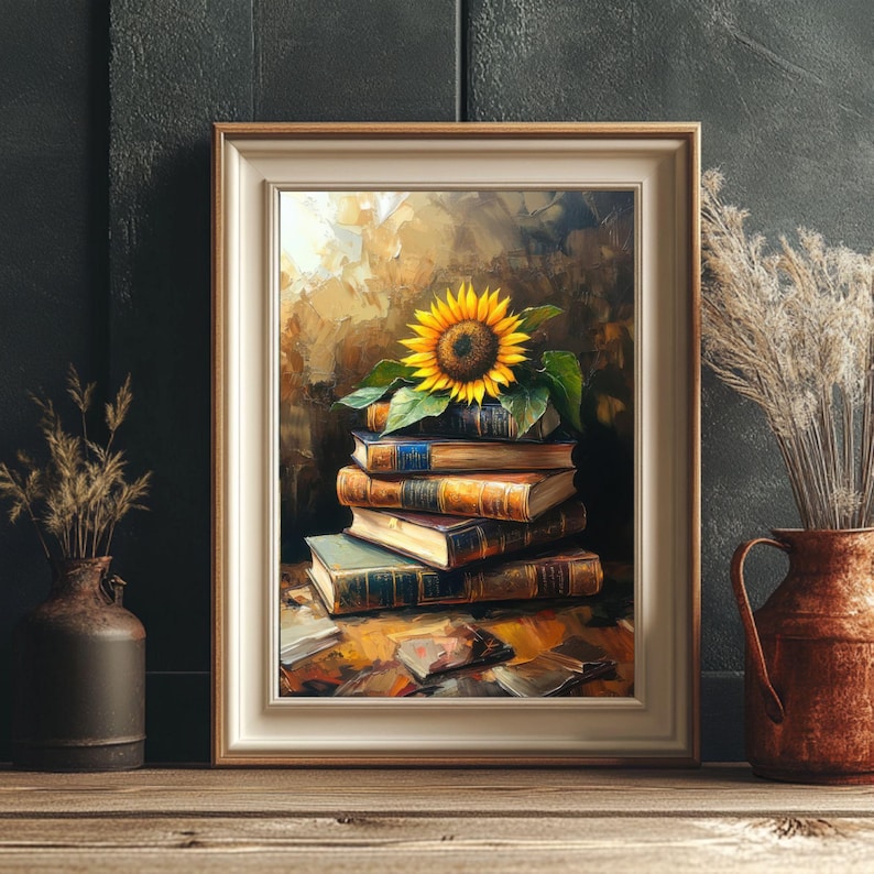 Sunflower & Vintage Books Art Print Book Lover Wall Decor Oil Painting ...