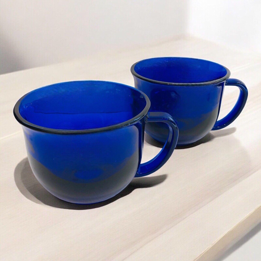 Vintage Cobalt Blue Glass Coffee Mugs Large Oversized Tea Cups Pair - Etsy