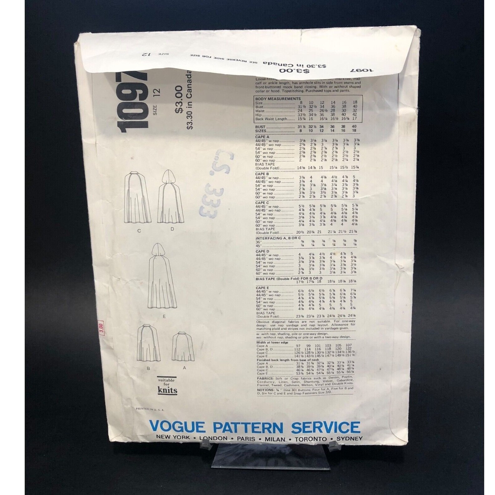 Vintage Vogue's Basic Design Cape Poncho Sewing Pattern Size 12 Cut - Etsy