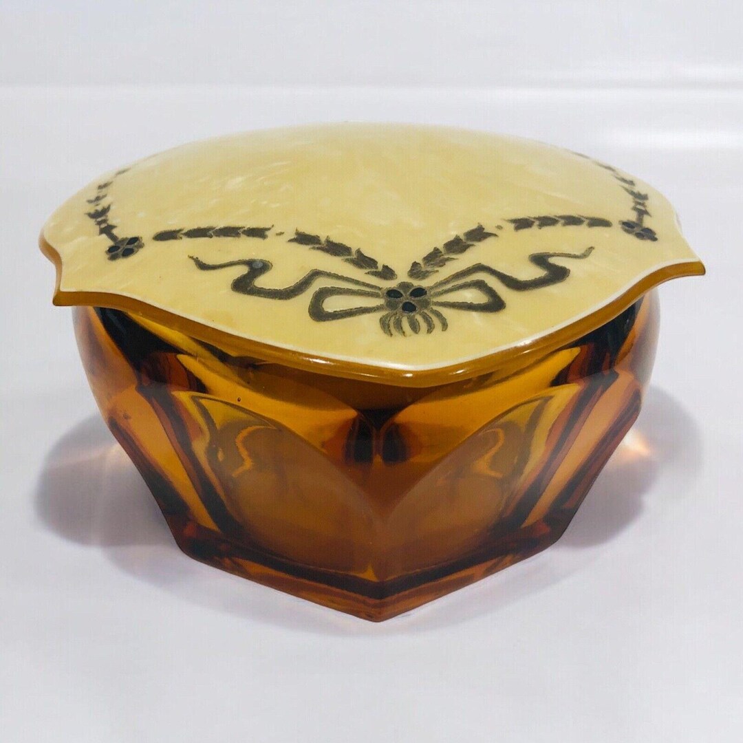 Vintage Golden Brown Glass Vanity Powder Jar Celluloid Lid Art Deco ...