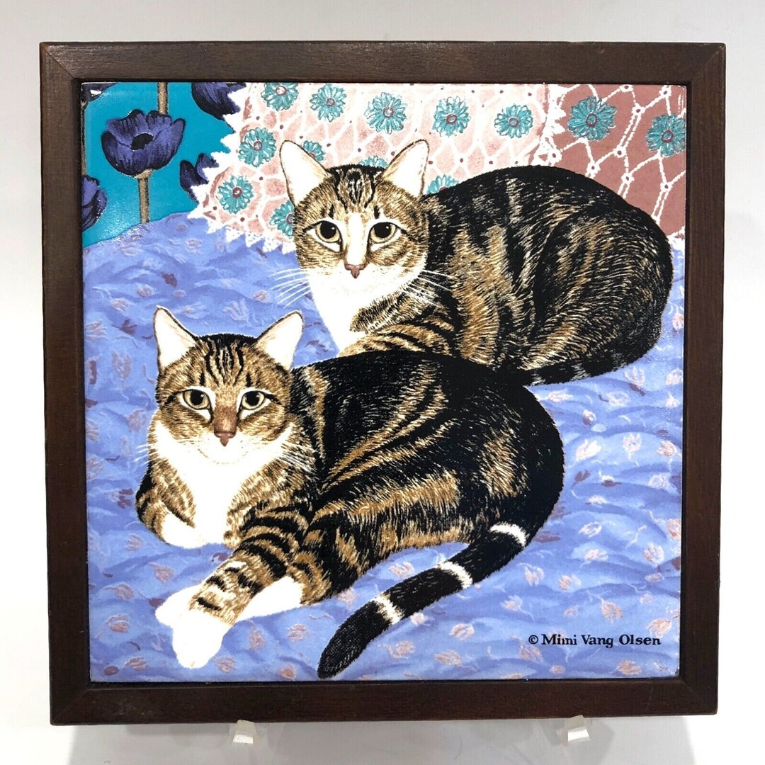 Black Tabby Cats Ceramic Wall Tile With Wood Border Vintage Avon 1989 ...