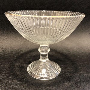 Vintage Pressed Glass Ribbed Pedestal Compote Candy Dish Gold Tone Rim ...
