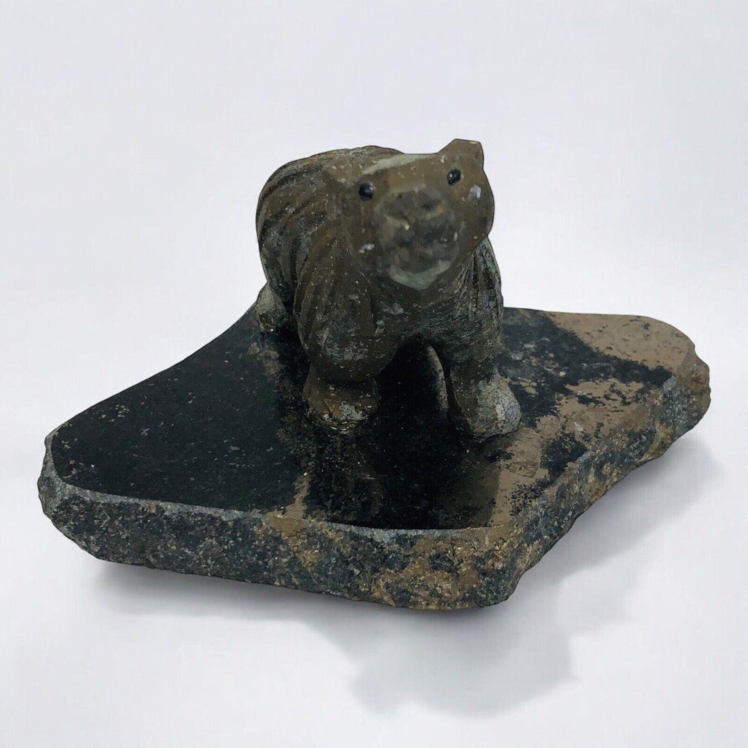 Hand-carved Stone Bear Sculpture Figurine on Slab Rustic Primitive Made ...