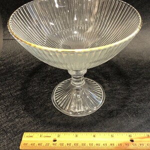 Vintage Pressed Glass Ribbed Pedestal Compote Candy Dish Gold Tone Rim ...