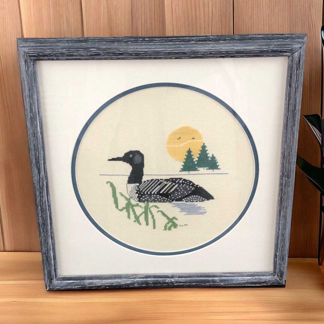 Vintage Loon Cross-stitched Embroidery Matted & Framed Wall Art Home ...