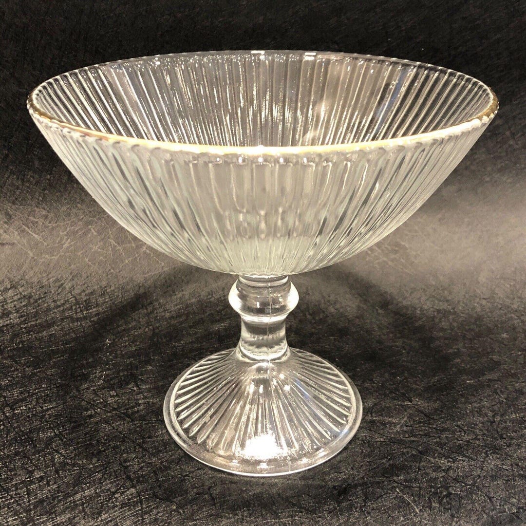 Vintage Pressed Glass Ribbed Pedestal Compote Candy Dish Gold Tone Rim ...